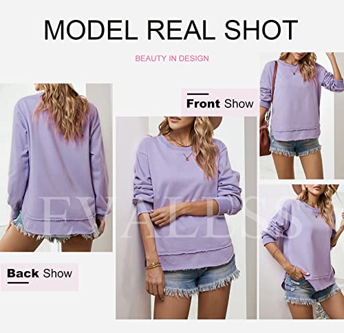 EVALESS Sweatshirt for Women Casual Long Sleeve Shirts Cute Lightweight Comfort Colors Crewneck Cotton Sweatshirts Loose Fit Side Split Pullover Tunic Tops 2025 Fall Fashion Clothes Purple Medium