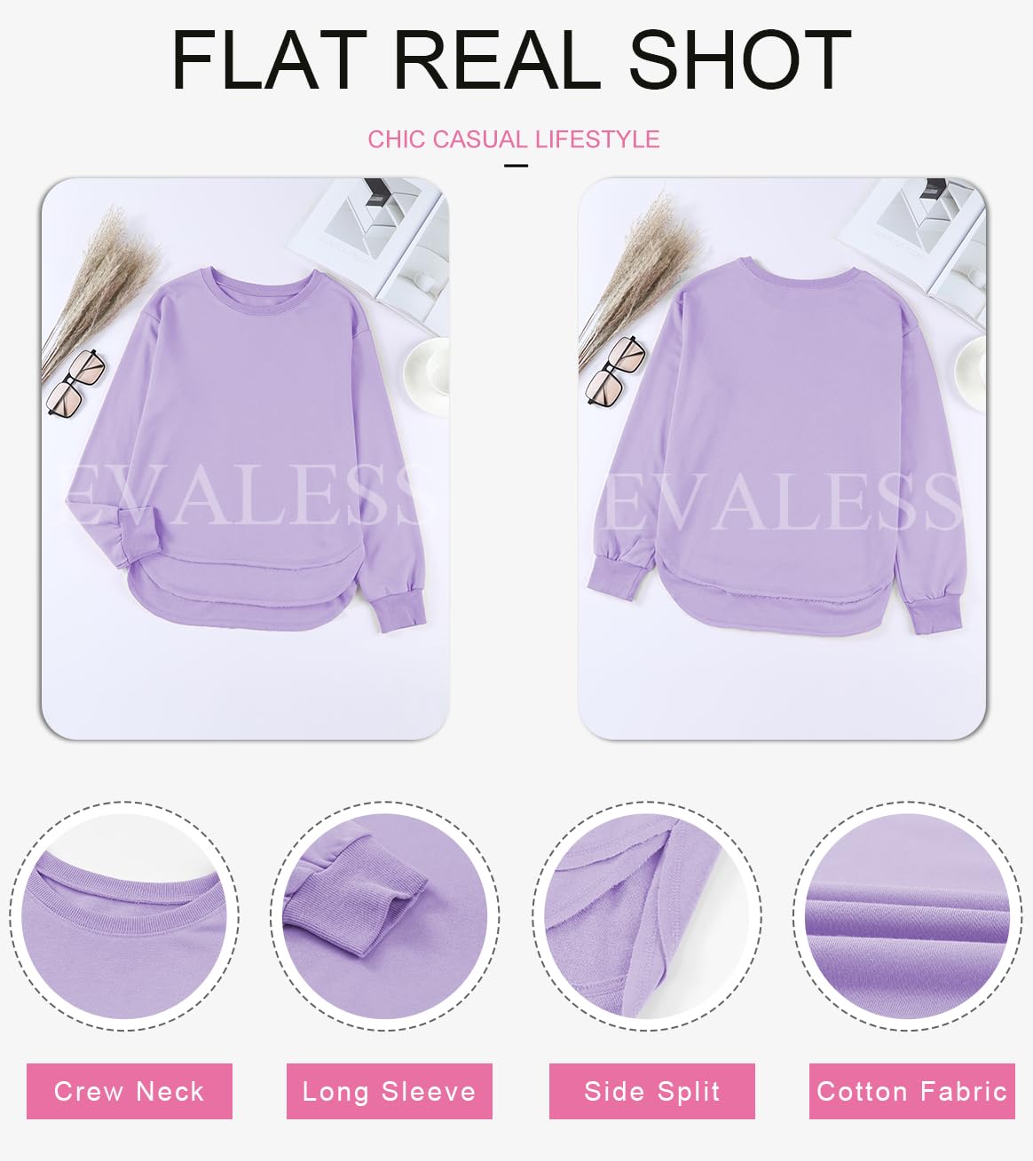 EVALESS Sweatshirt for Women Casual Long Sleeve Shirts Cute Lightweight Comfort Colors Crewneck Cotton Sweatshirts Loose Fit Side Split Pullover Tunic Tops 2025 Fall Fashion Clothes Purple Medium