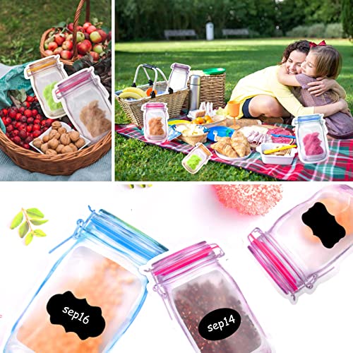 81 Pcs Reusable Mason Jar Bottle Bags,Washable Multi-Size Mason Jars Ziplock Food Storage,Fresh Leak-Proof Snack ziplock Bag with Black Label Sticker,Silicone Funnel for Kitchen,Camping,Travel,Office