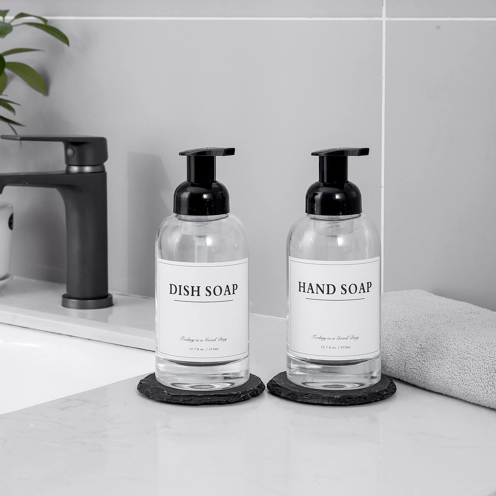 rejomiik Foaming Soap Dispenser Thick Glass Foam for Bathroom or Kitchen Sink, 12.7 oz Clear Pump Bottles for Hand soap, Body Wash, Black 2 Pack