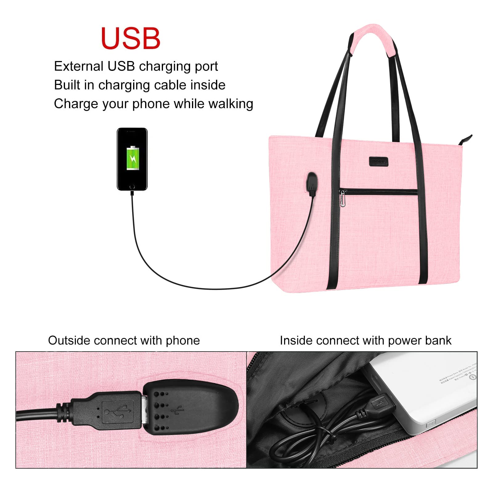 MOSISO USB Port Laptop Tote Bag for Women,Compatible with MacBook, 17-17.3 inch Notebook and Chromebook, Work Travel Business Computer Bag with Small Purse, Pink