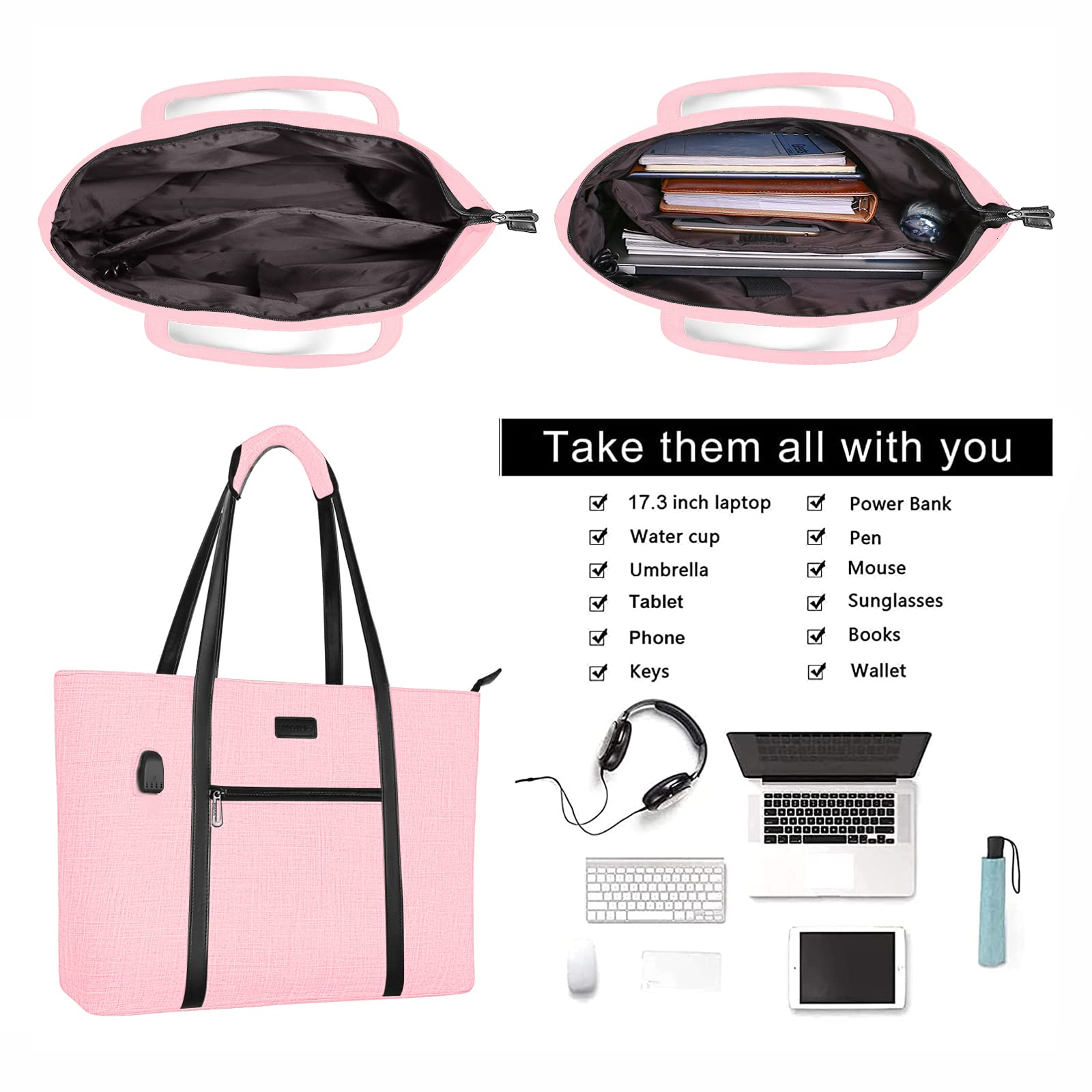 MOSISO USB Port Laptop Tote Bag for Women,Compatible with MacBook, 17-17.3 inch Notebook and Chromebook, Work Travel Business Computer Bag with Small Purse, Pink