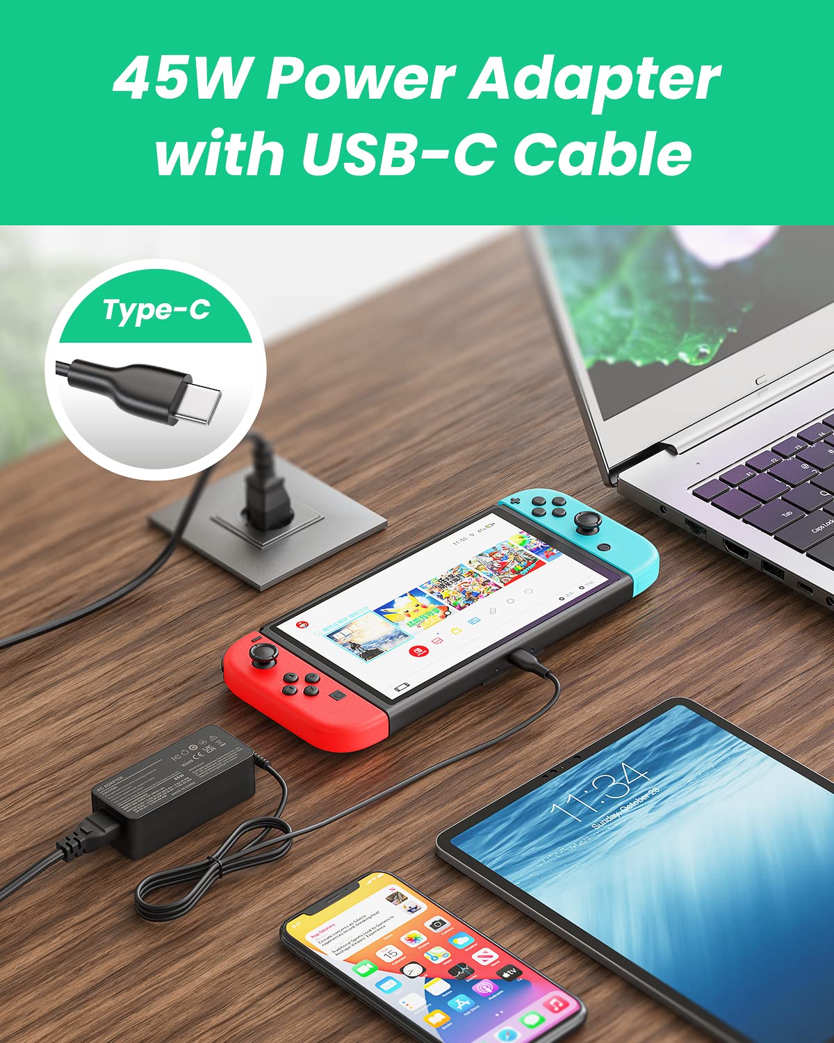 Switch Charger for Nintendo Switch Charger Cable Power Adapter 15V 3A Fast Charging Compatible with Switch/Switch Lite/Switch OLED Power Supply Cord