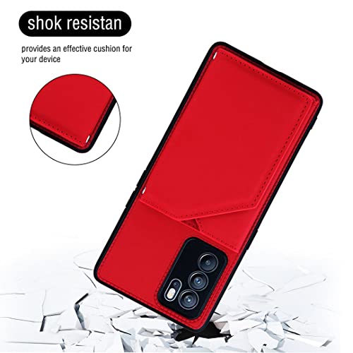 SATURCASE Case for Oppo Reno 6 Pro 5G, PU Leather Soft Silicone TPU Anti-Drop Foldable Kickstand Card Slots Metal Buttons Protective Back Cover for Oppo Reno 6 Pro 5G (Red)