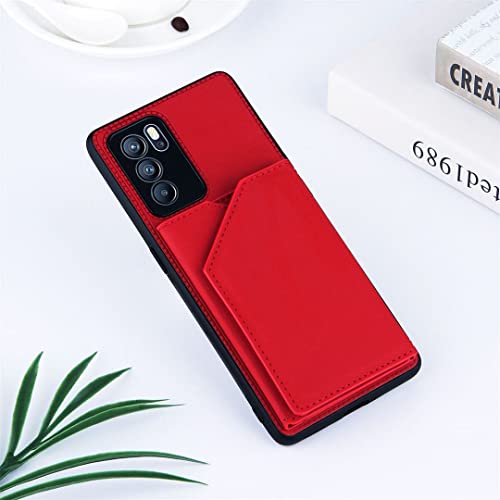 SATURCASE Case for Oppo Reno 6 Pro 5G, PU Leather Soft Silicone TPU Anti-Drop Foldable Kickstand Card Slots Metal Buttons Protective Back Cover for Oppo Reno 6 Pro 5G (Red)