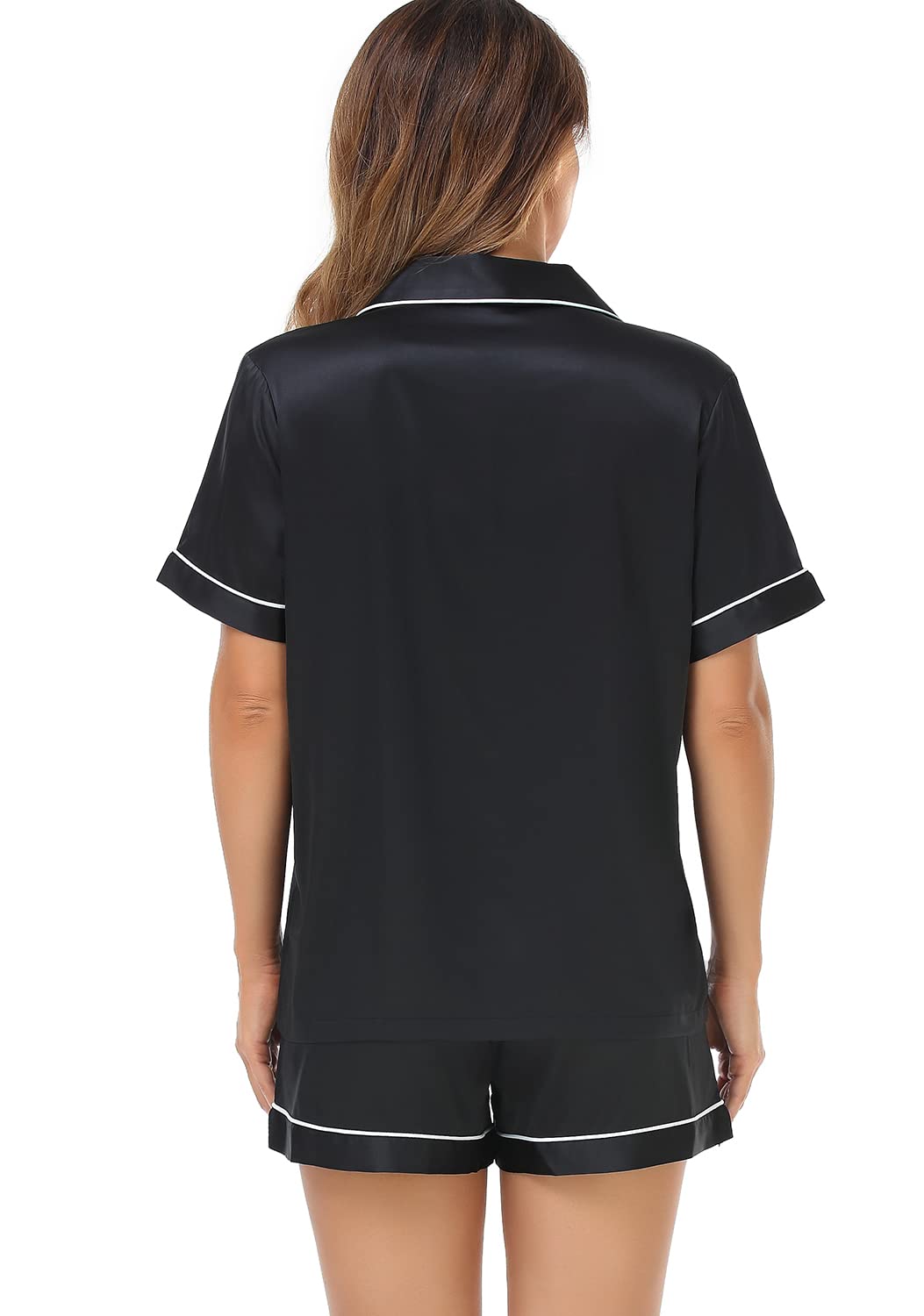 Serenedelicacy Women's Satin Pajama Set 2-Piece Sleepwear Loungewear Button Down Short Sleeve Silky PJ Set (Medium, Black)
