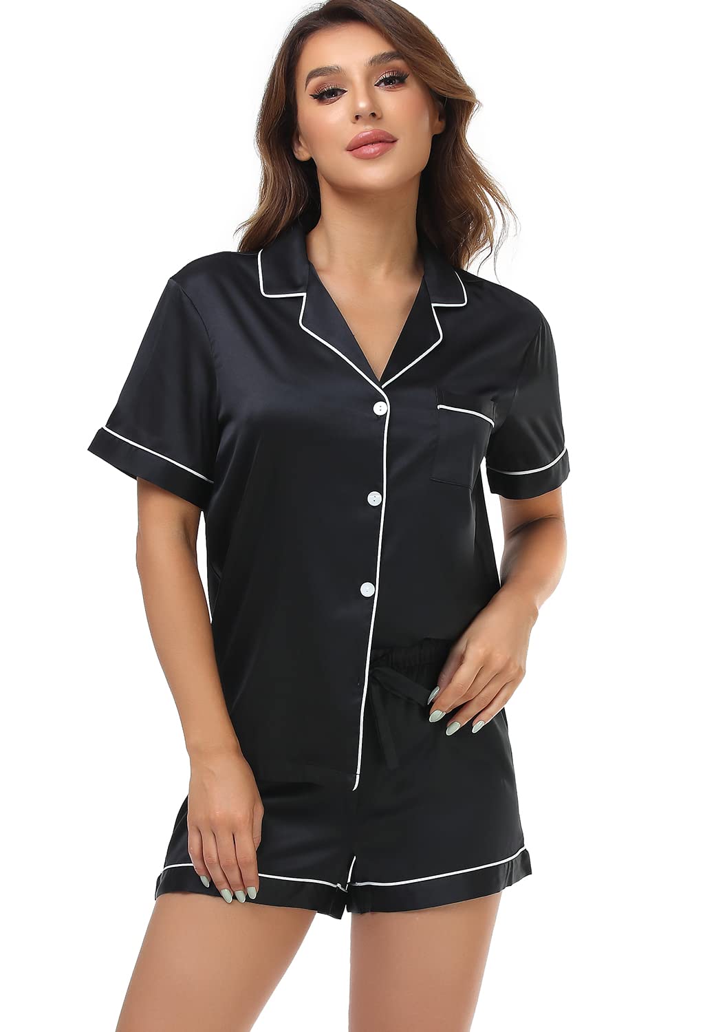 Serenedelicacy Women's Satin Pajama Set 2-Piece Sleepwear Loungewear Button Down Short Sleeve Silky PJ Set (Medium, Black)