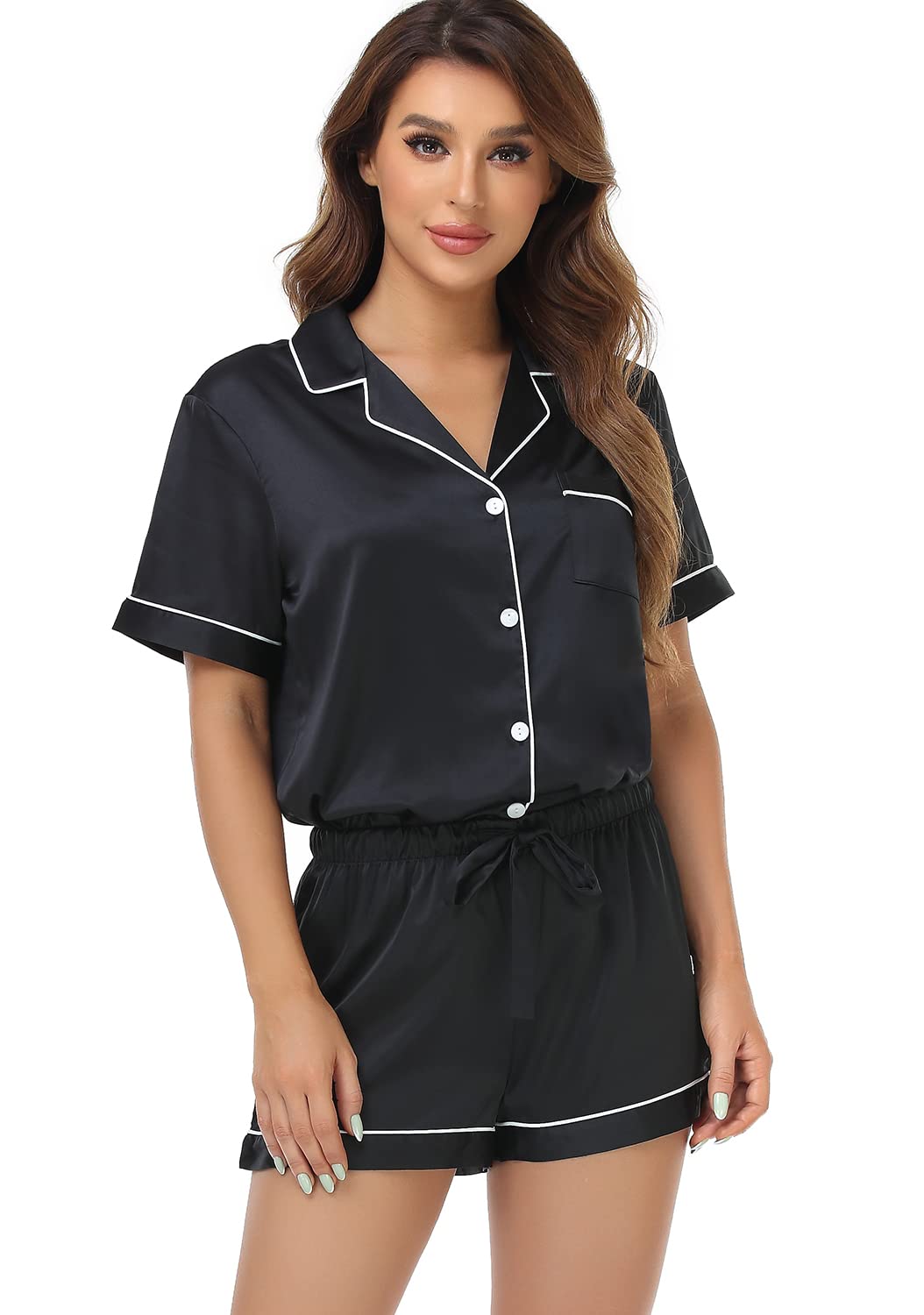 Serenedelicacy Women's Satin Pajama Set 2-Piece Sleepwear Loungewear Button Down Short Sleeve Silky PJ Set (Medium, Black)