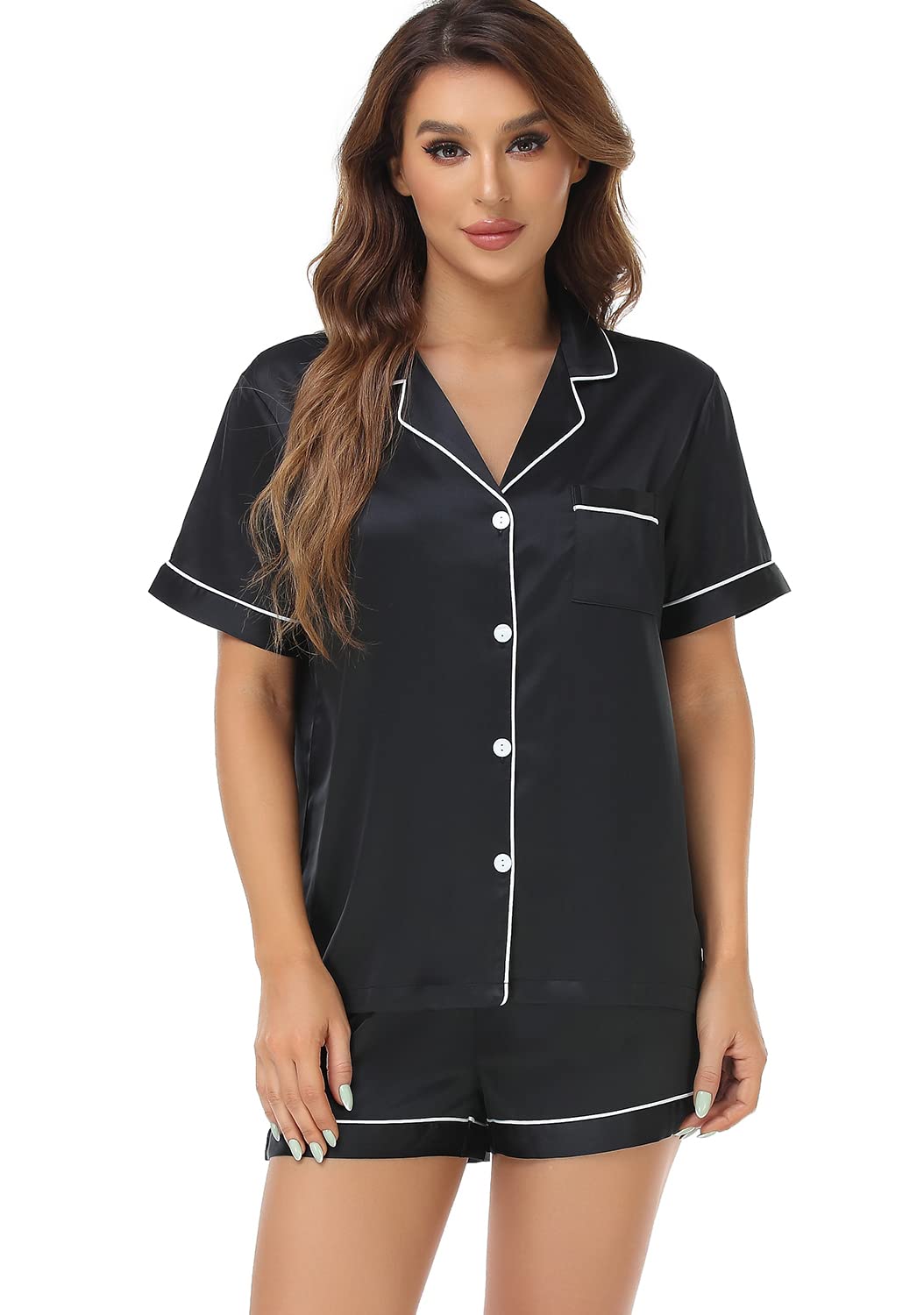 Serenedelicacy Women's Satin Pajama Set 2-Piece Sleepwear Loungewear Button Down Short Sleeve Silky PJ Set (Medium, Black)