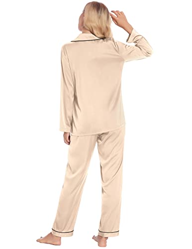 Ekouaer Silky Pajamas for Women Long Sleeve Satin Top with Long Lounge Pants Set Pockets Sleepwear Pjs (Champagne,M)