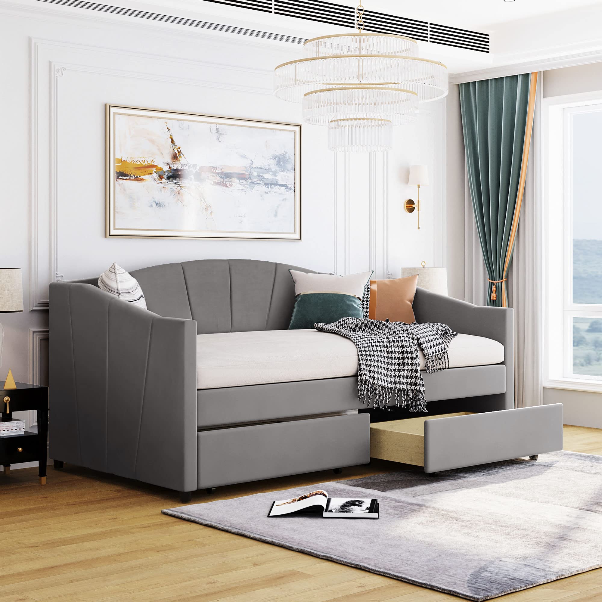 Harper & Bright Designs Upholstered Daybed with Storage Drawers,Wooden Twin Daybed with 2 Drawers Underneath, Tufted Sofa Bed Daybed with Wood Slat Support for Bedroom,Living Room (Twin,Gray)