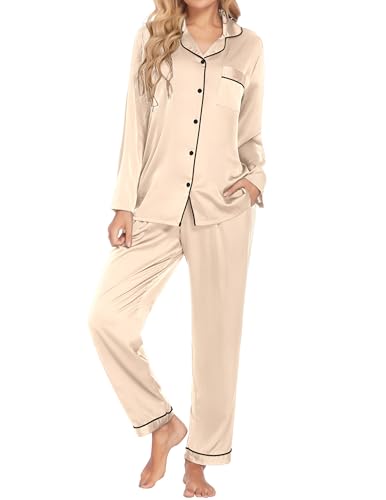 Ekouaer Silky Pajamas for Women Long Sleeve Satin Top with Long Lounge Pants Set Pockets Sleepwear Pjs (Champagne,M)