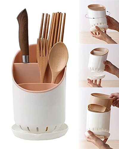 spolis Kitchen Utensil Holders Cutlery Drying Rack for Counter with Catch Pan and Drain Hole, Anti Tilting Kitchen Silverware Drainer Basket Sink Caddy for Forks, Knives, Spoons, Chopsticks-Pink