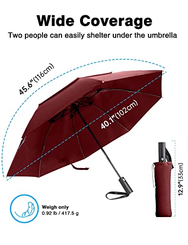 Vuteehy Windproof Umbrella, Travel Umbrella for Rain with 16 Ribs Double Canopy Vented, Waterproof Folding Umbrella with Inverted Design, Auto Open Close, Compact Rain Umbrella for Men and Women, Red