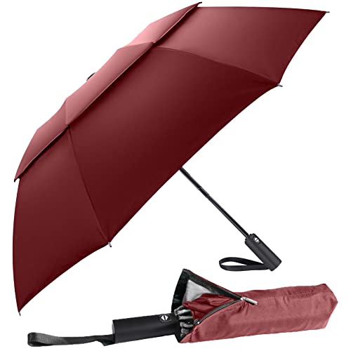 Vuteehy Windproof Umbrella, Travel Umbrella for Rain with 16 Ribs Double Canopy Vented, Waterproof Folding Umbrella with Inverted Design, Auto Open Close, Compact Rain Umbrella for Men and Women, Red