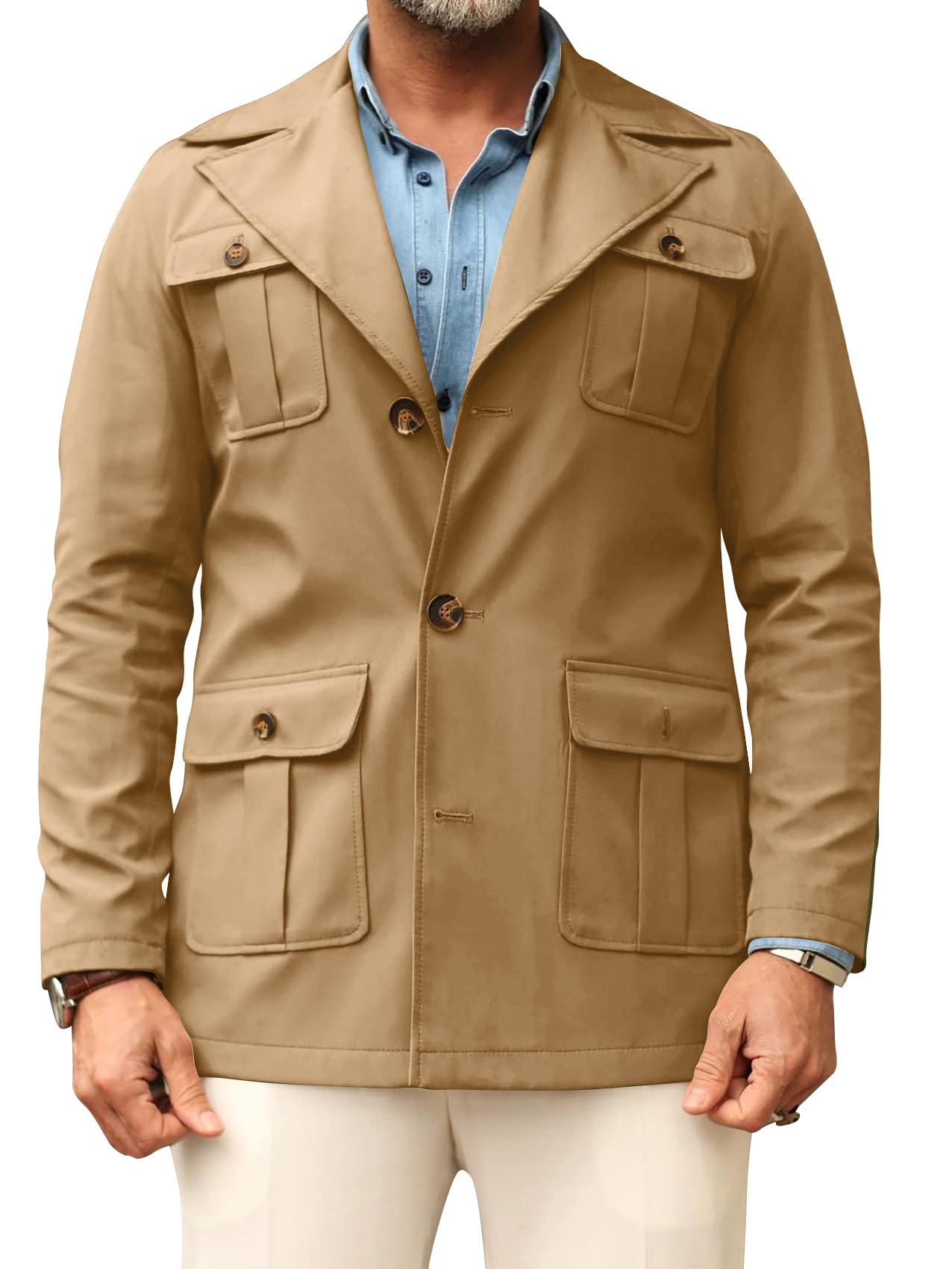 Pretifeel Mens Lightweight Safari Jacket Casual Military Button Up Multi-Pocket Cargo Coat Outwear