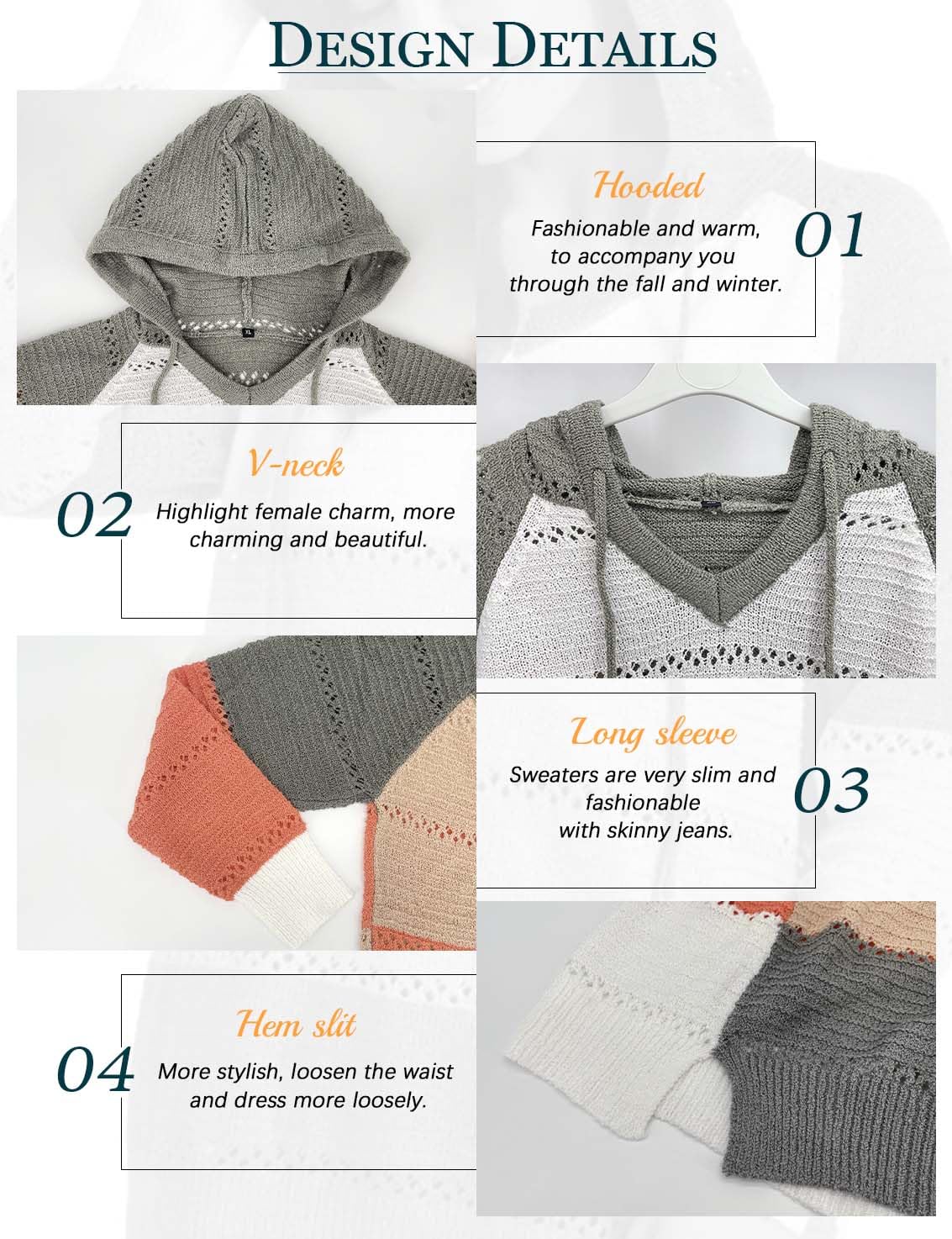 Vemodoo Women'S Hoodie Ladies Sweatshirts Lightweight Sweaters For Women Women's Color Block Knit Hoodies Sweaters V Neck Drawstring Lightweight Pullover Sweatshirts Khaki Large