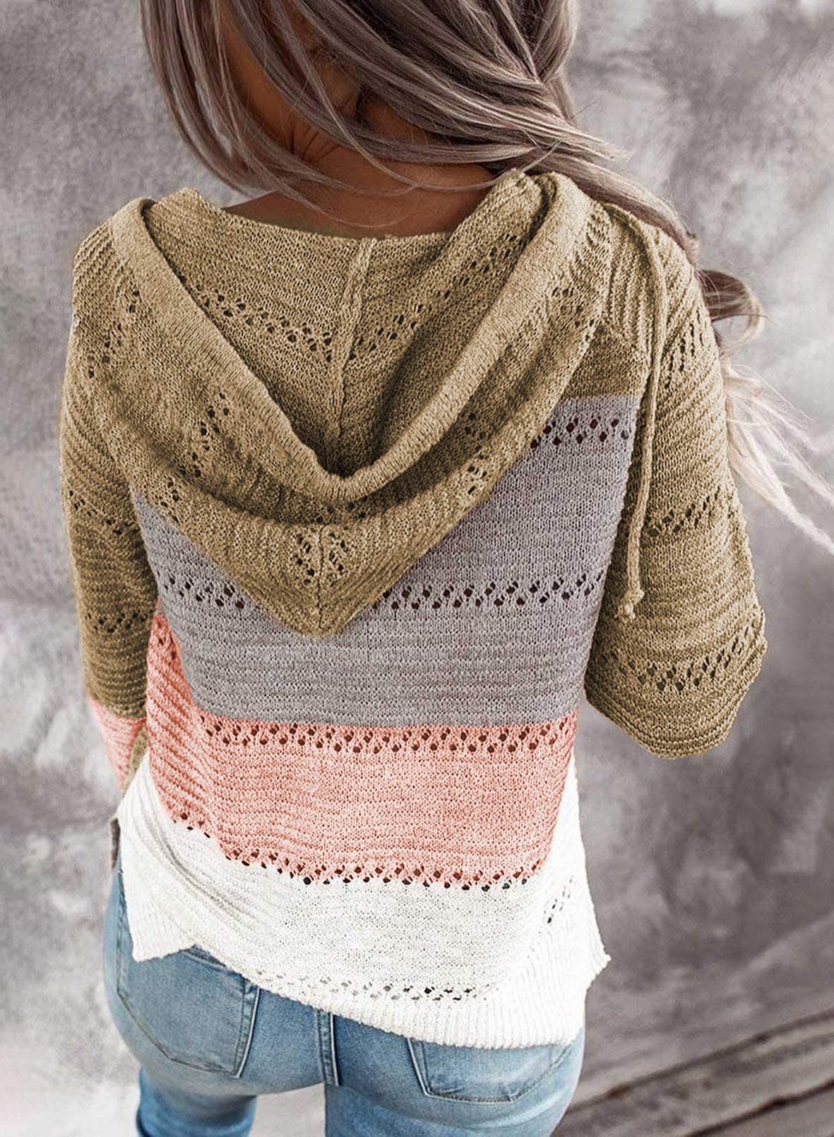 Vemodoo Women'S Hoodie Ladies Sweatshirts Lightweight Sweaters For Women Women's Color Block Knit Hoodies Sweaters V Neck Drawstring Lightweight Pullover Sweatshirts Khaki Large