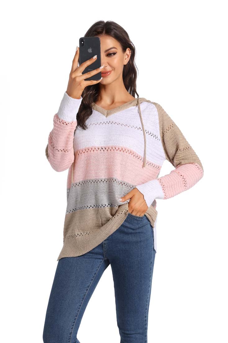 Vemodoo Women'S Hoodie Ladies Sweatshirts Lightweight Sweaters For Women Women's Color Block Knit Hoodies Sweaters V Neck Drawstring Lightweight Pullover Sweatshirts Khaki Large