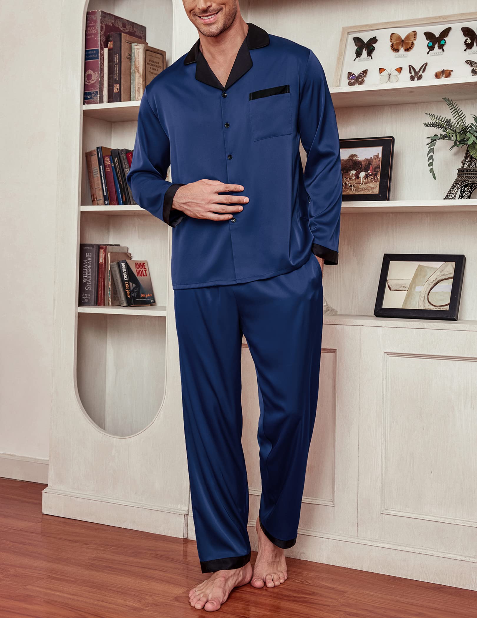 Ekouaer Men's Silk Pajama Set Long Satin Loungewear 2 Piece Pjs Classic Button Down Sleepwear Navy Blue
