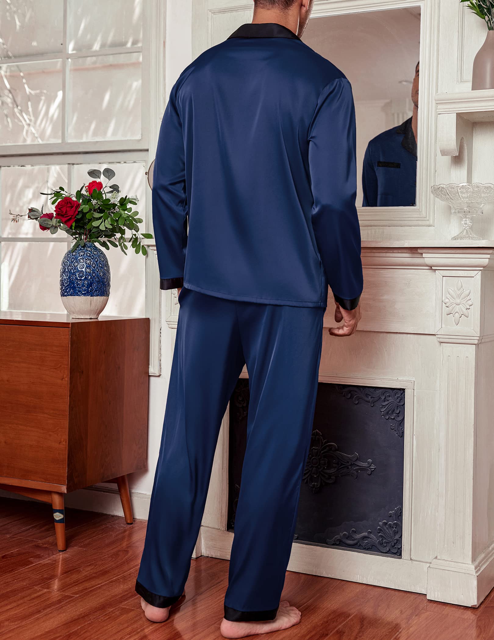 Ekouaer Men's Silk Pajama Set Long Satin Loungewear 2 Piece Pjs Classic Button Down Sleepwear Navy Blue