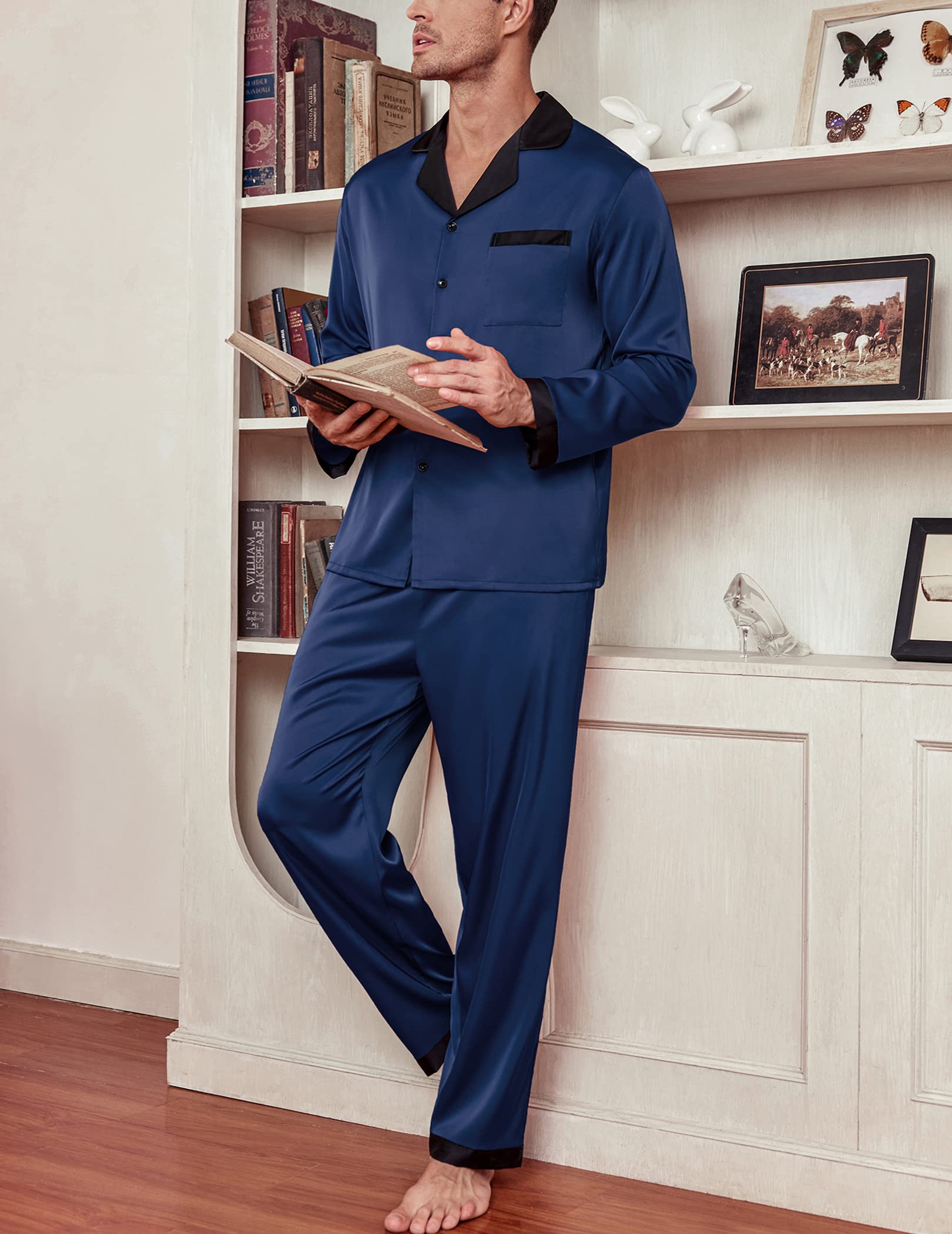 Ekouaer Men's Silk Pajama Set Long Satin Loungewear 2 Piece Pjs Classic Button Down Sleepwear Navy Blue