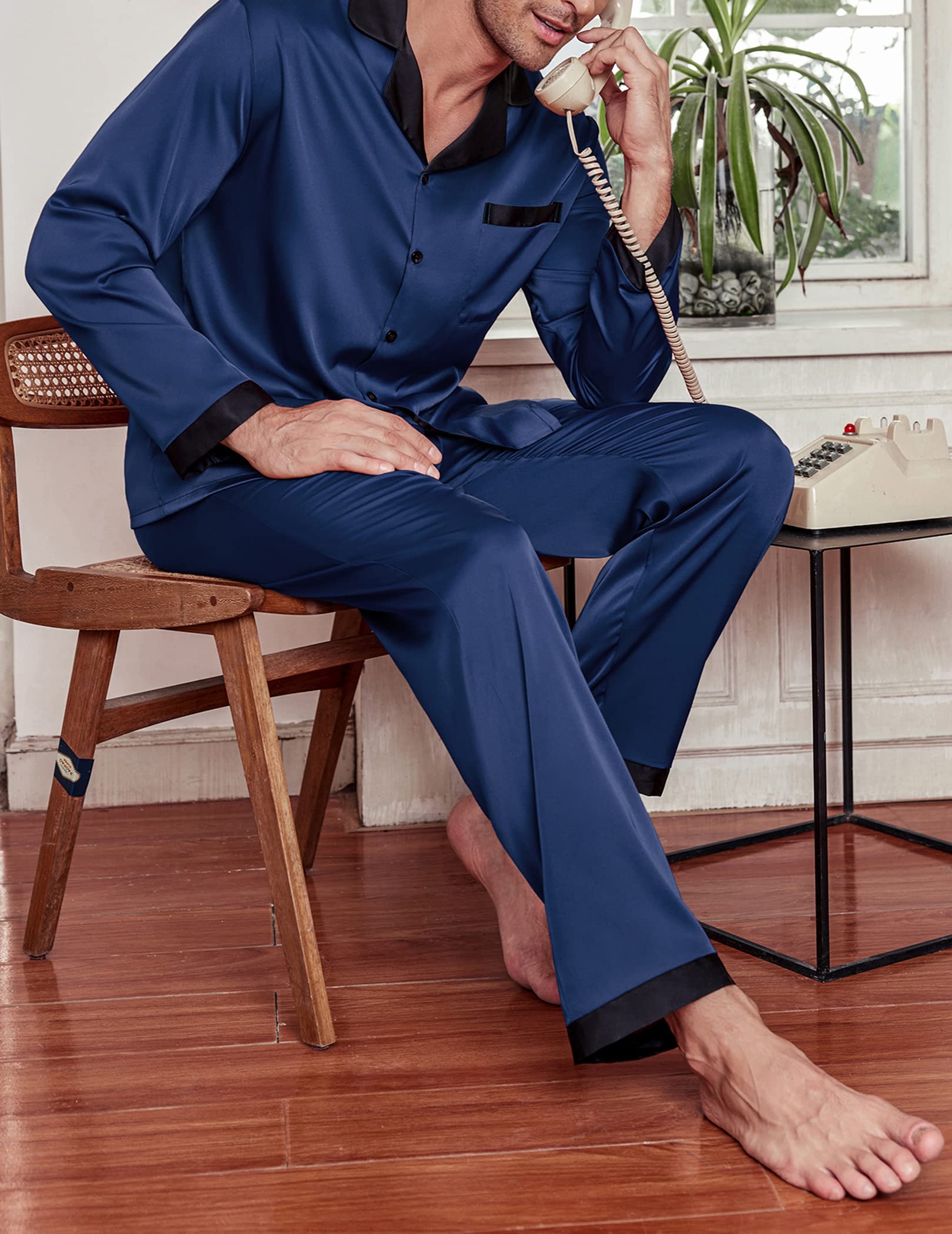 Ekouaer Men's Silk Pajama Set Long Satin Loungewear 2 Piece Pjs Classic Button Down Sleepwear Navy Blue