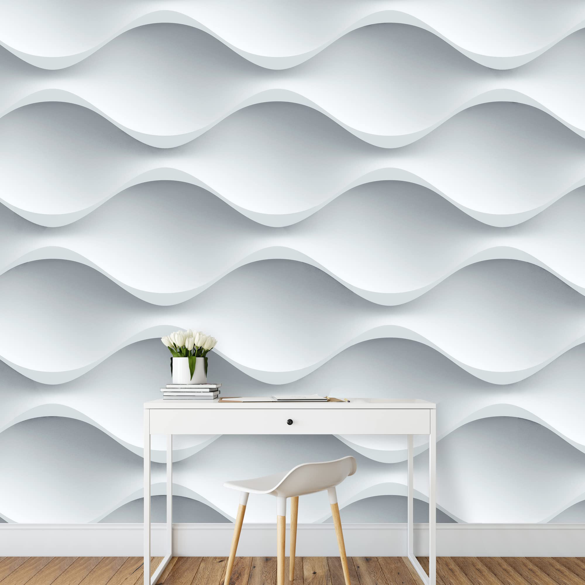 wall26 Removable Wall Sticker/Wall Mural 3D Geometric White Wave Pattern Abstract Shapes Digital Art Modern Art Panorama Multicolor Relax/Calm for Living Room, Bedroom, Office - 66x96 inches