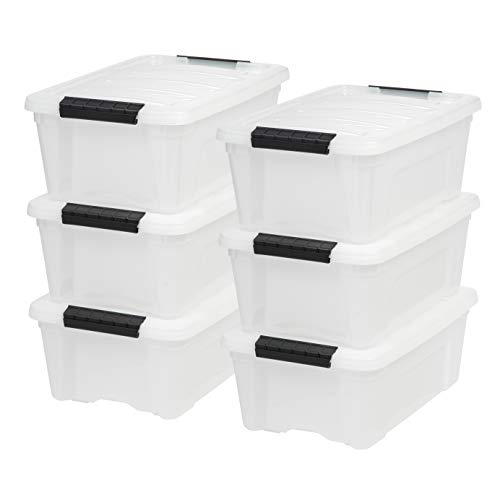 IRIS USA 12 Qt. Plastic Storage Container Bin with Secure Lid and Latching Buckles, 6 pack - Pearl, Durable Stackable Nestable Organizing Tote Tub Box Toy General Organization Small
