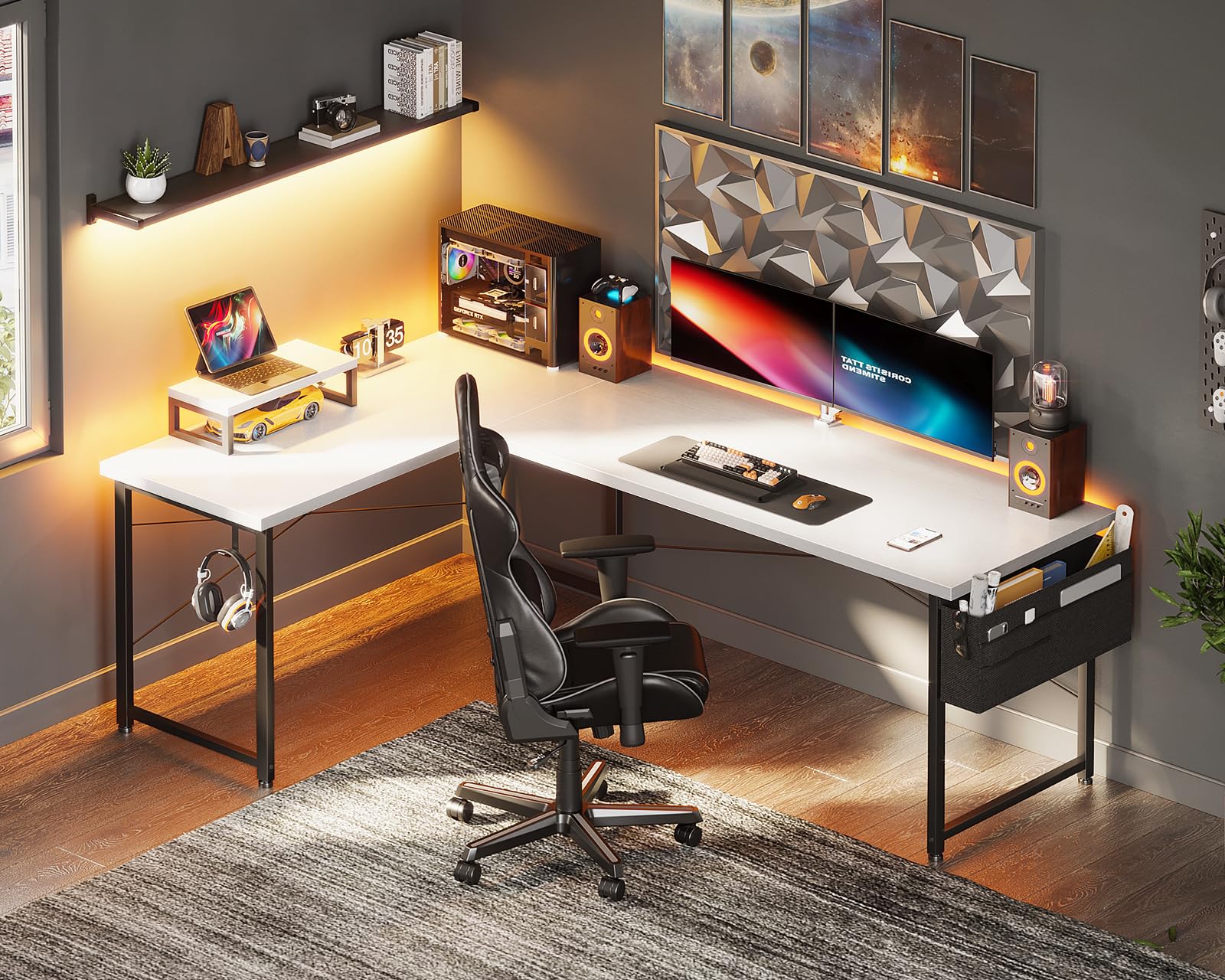 ODK L Shaped Desk, 66" Computer Corner Desk, Gaming Desk, Home Office Writing Desk with Monitor Shelf, Space-Saving Workstation Desk, Modern Simple Wooden Desk, Easy to Assemble, White