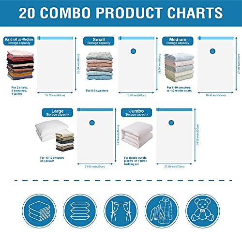 20 Pack Vacuum Storage Bags, Space Saver Bags (4 Jumbo/4 Large/4 Medium/4 Small/4 Roll) Compression Storage Bags for Comforters and Blankets, Vacuum Sealer Bags for Clothes Storage, Hand Pump Included