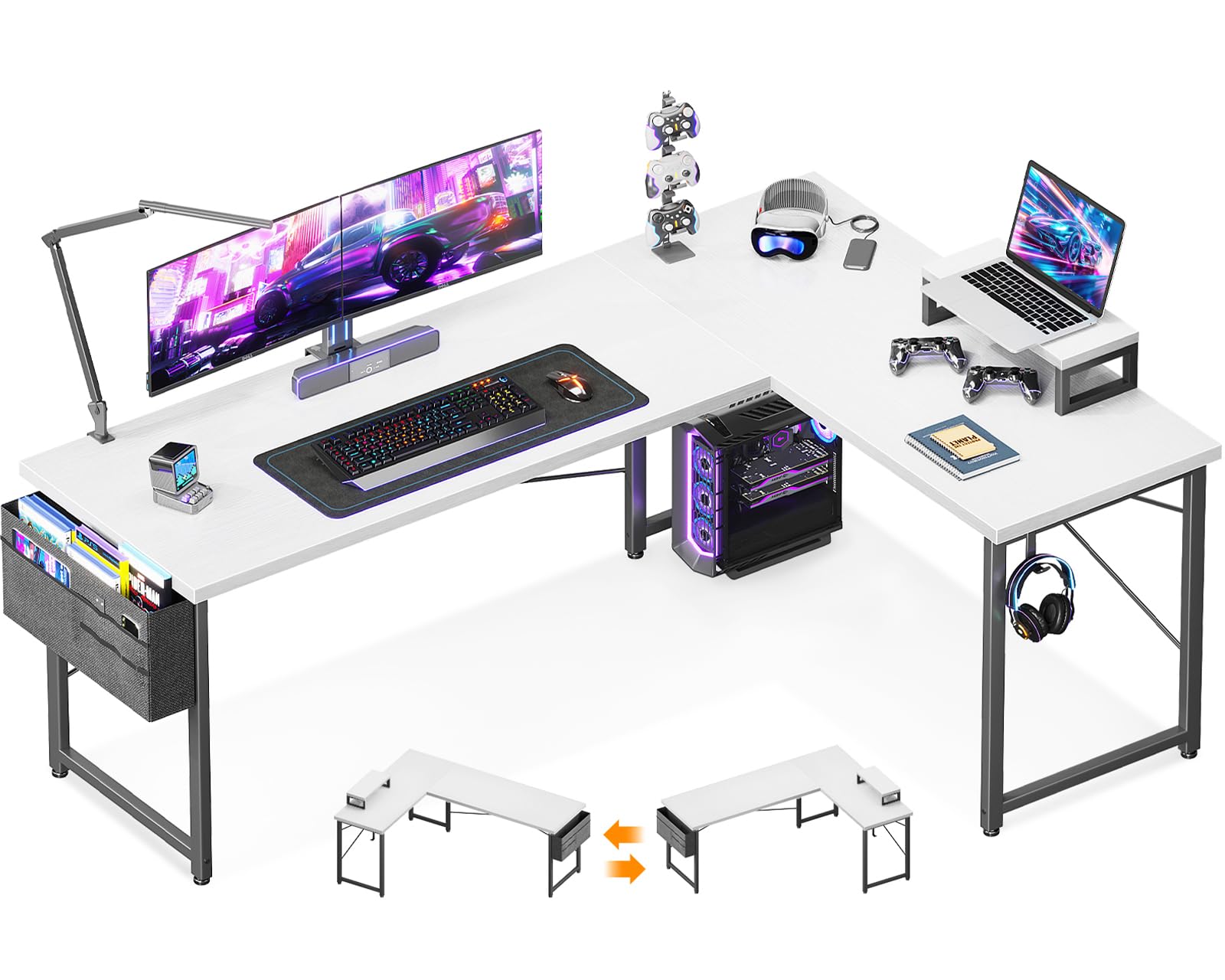 ODK L Shaped Desk, 66" Computer Corner Desk, Gaming Desk, Home Office Writing Desk with Monitor Shelf, Space-Saving Workstation Desk, Modern Simple Wooden Desk, Easy to Assemble, White