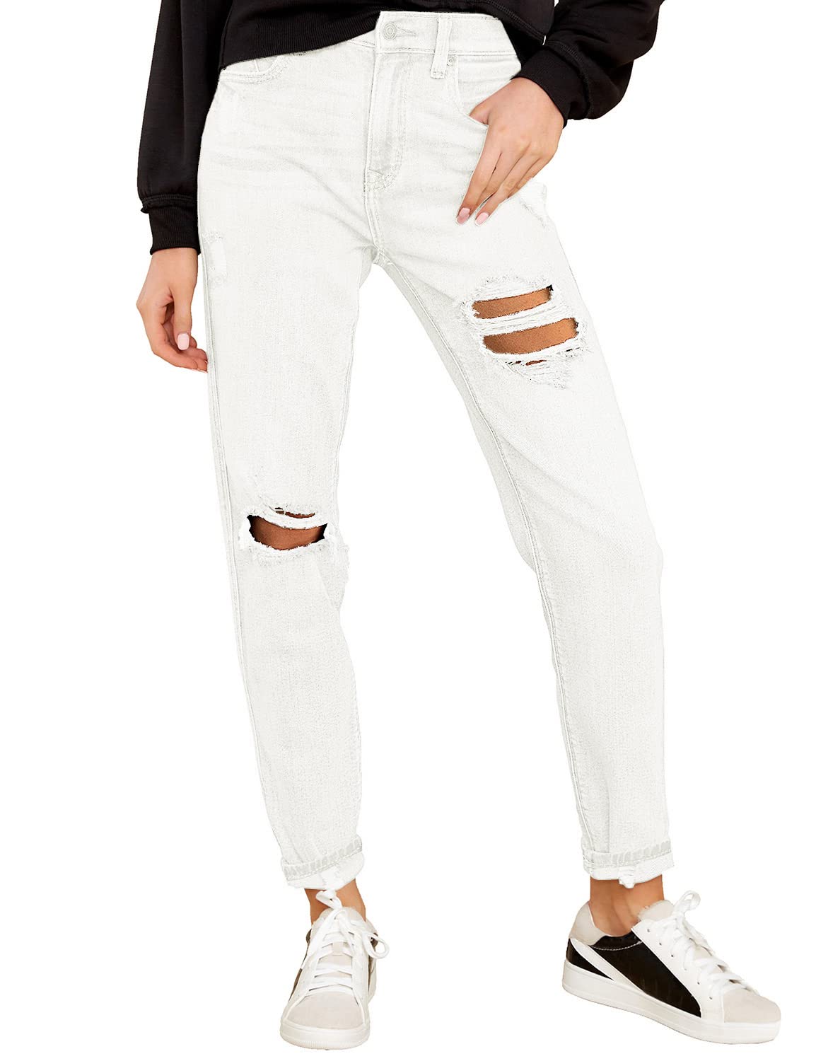 luvamia Women's Casual Ripped Jeans High Waisted Boyfriend Jeans Tapered Mom Jeans Denim Pants Brilliant White Size Large