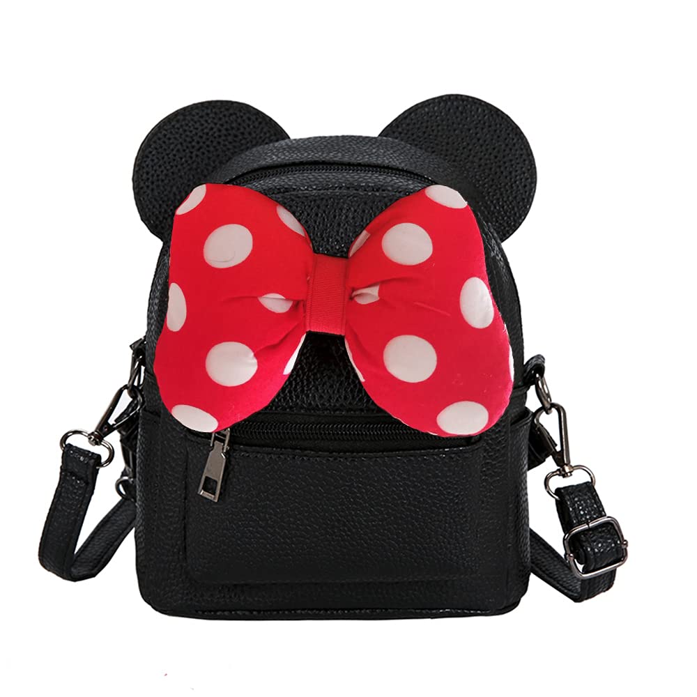 Sunwel Fashion Girls Mini Backpack Purse Mouse Ear Polka-dot Sequin Bow Convertible Backpack to Crossbody Bag for Women (black cotton polkadot bow, W8.7 x H10)