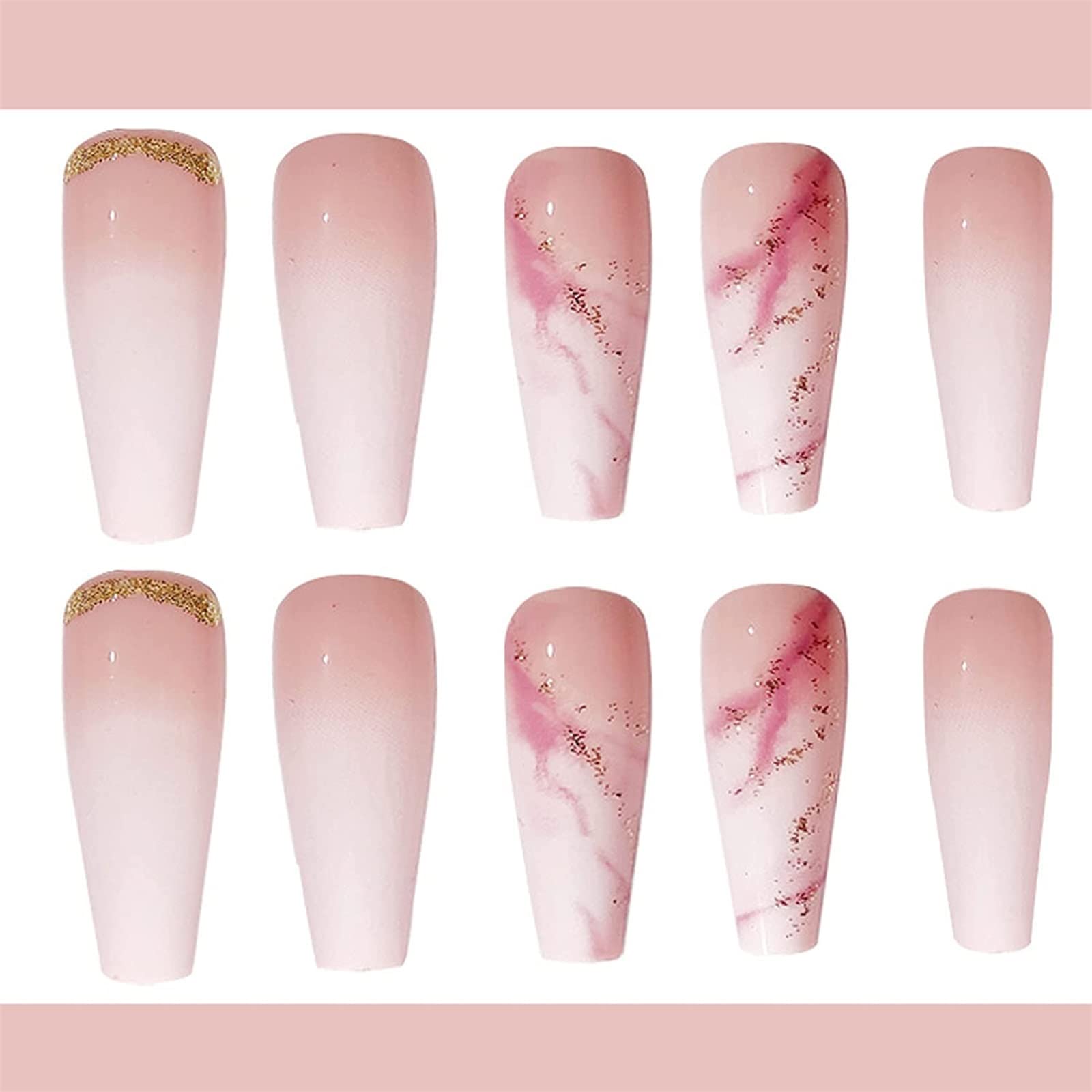 CRRLtry Press on Nails Coffin Fake Nails Marble False Nails Acrylic Nails Medium Press on Acrylic Nails for Women 24Pcs