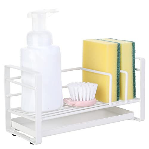MyGift Modern Matte White Metal Kitchen Sink Sponge Holder and Accessory Rack with Removable Drainage Tray