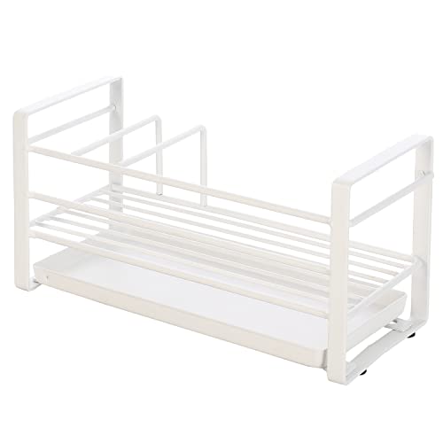 MyGift Modern Matte White Metal Kitchen Sink Sponge Holder and Accessory Rack with Removable Drainage Tray