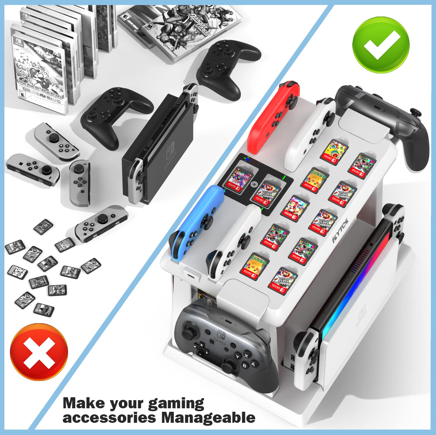 Switch Games Organizer Station with Controller Charger, Charging Dock for Nintendo Switch & OLED Joycons, Kytok Switch Storage and Organizer for Games, TV Dock, Pro Controller, Accessories Kit Storage