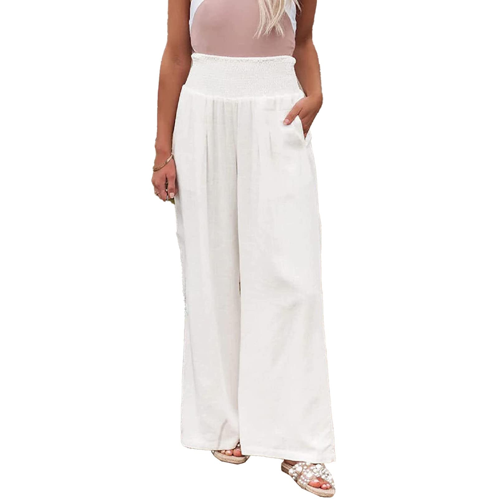 Women's Lightweight Wide Leg High Waist Culottes with Elastic Waist Casual Pants(XL-White)