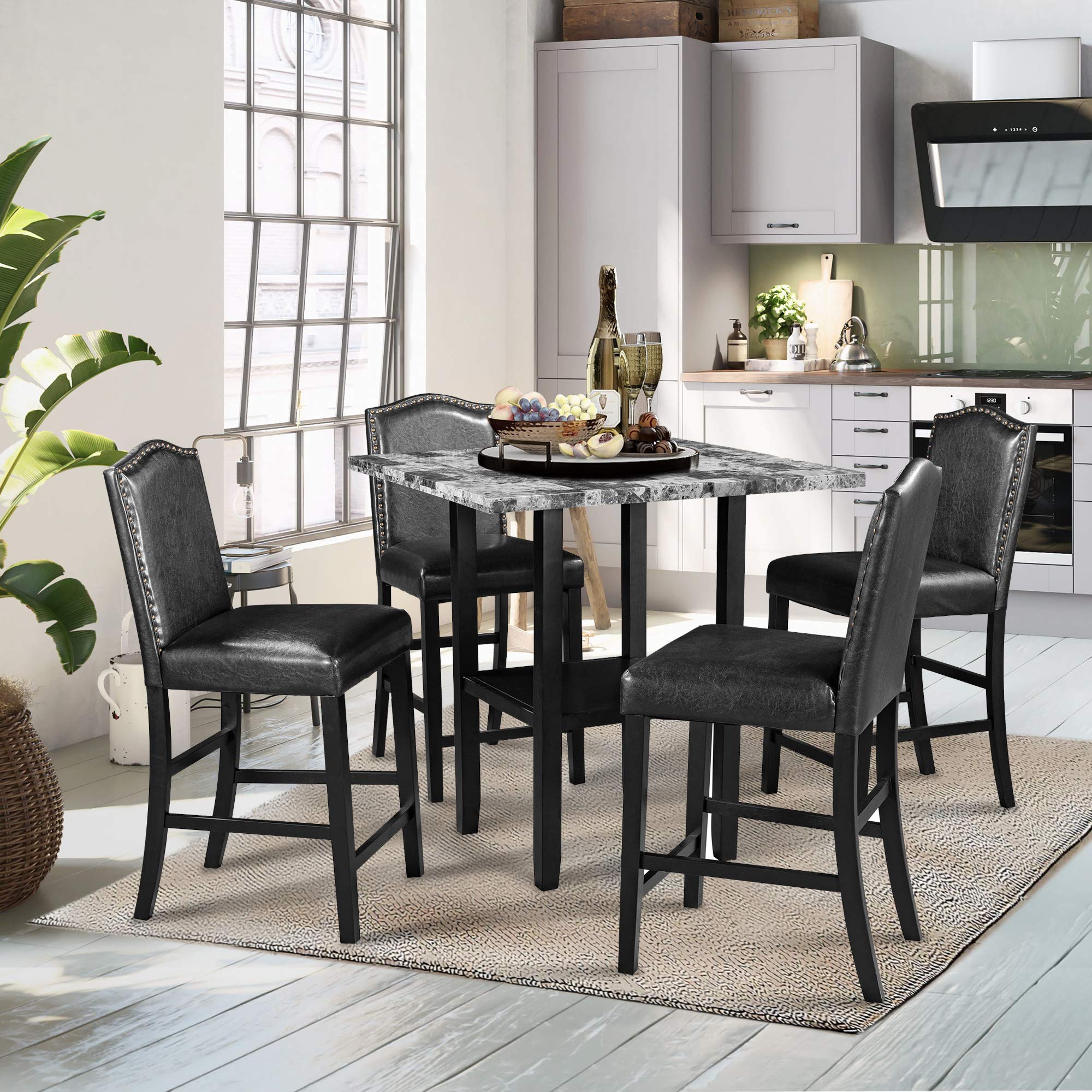 GLORHOME 5-Piece Modern Set with 4 Padded Dining, Faux Marble Top Gray Table + Black Chair