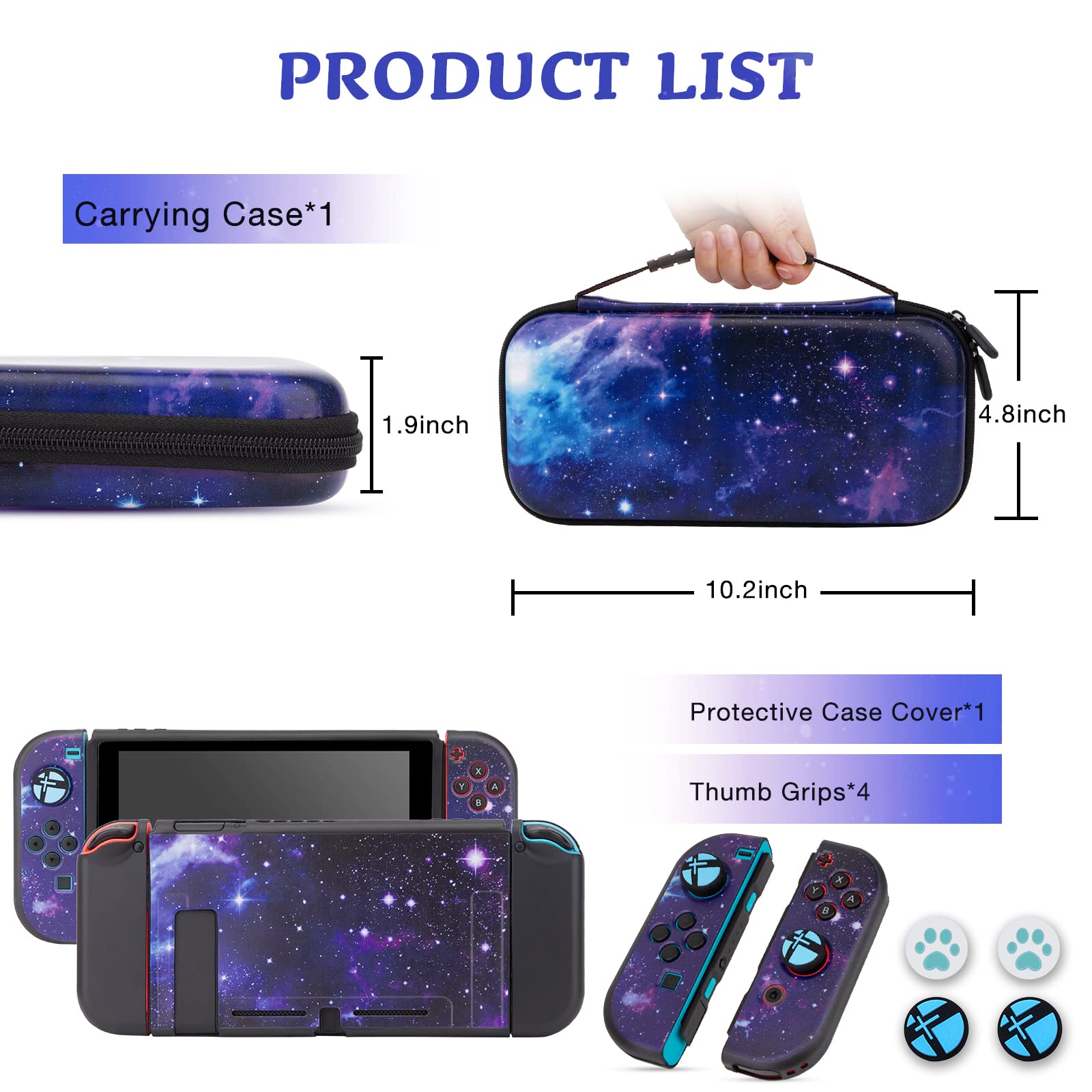 homicozy Galaxy Carrying Case for Nintendo Switch with Soft TPU Protective Case Cover & Thumb Grips,Portable Hard Storage Case with 12 Game Card Slots for Switch Console and Accessories