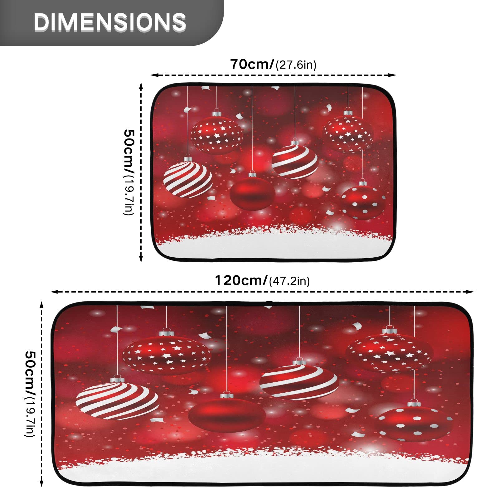 Christmas Balls Red Kitchen Rugs 2 Pieces, Snow Floor Mat Room Area Rug Washable Carpet Perfect for Living Room Bedroom Entryway