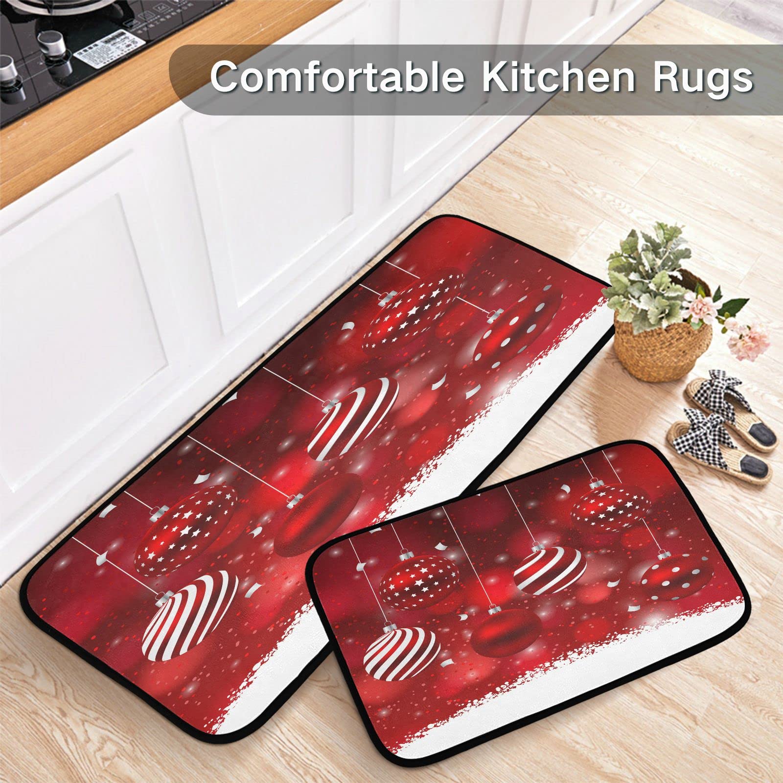 Christmas Balls Red Kitchen Rugs 2 Pieces, Snow Floor Mat Room Area Rug Washable Carpet Perfect for Living Room Bedroom Entryway
