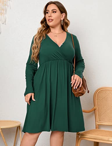 KOJOOIN Women's Plus Size V Neck A-Line Knee Length Wrap Swing Dresses Casual Loose Party Mini Dress with Pockets (Dark Green, 5XL)