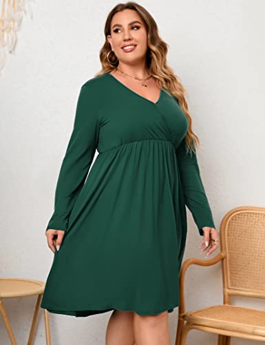 KOJOOIN Women's Plus Size V Neck A-Line Knee Length Wrap Swing Dresses Casual Loose Party Mini Dress with Pockets (Dark Green, 5XL)