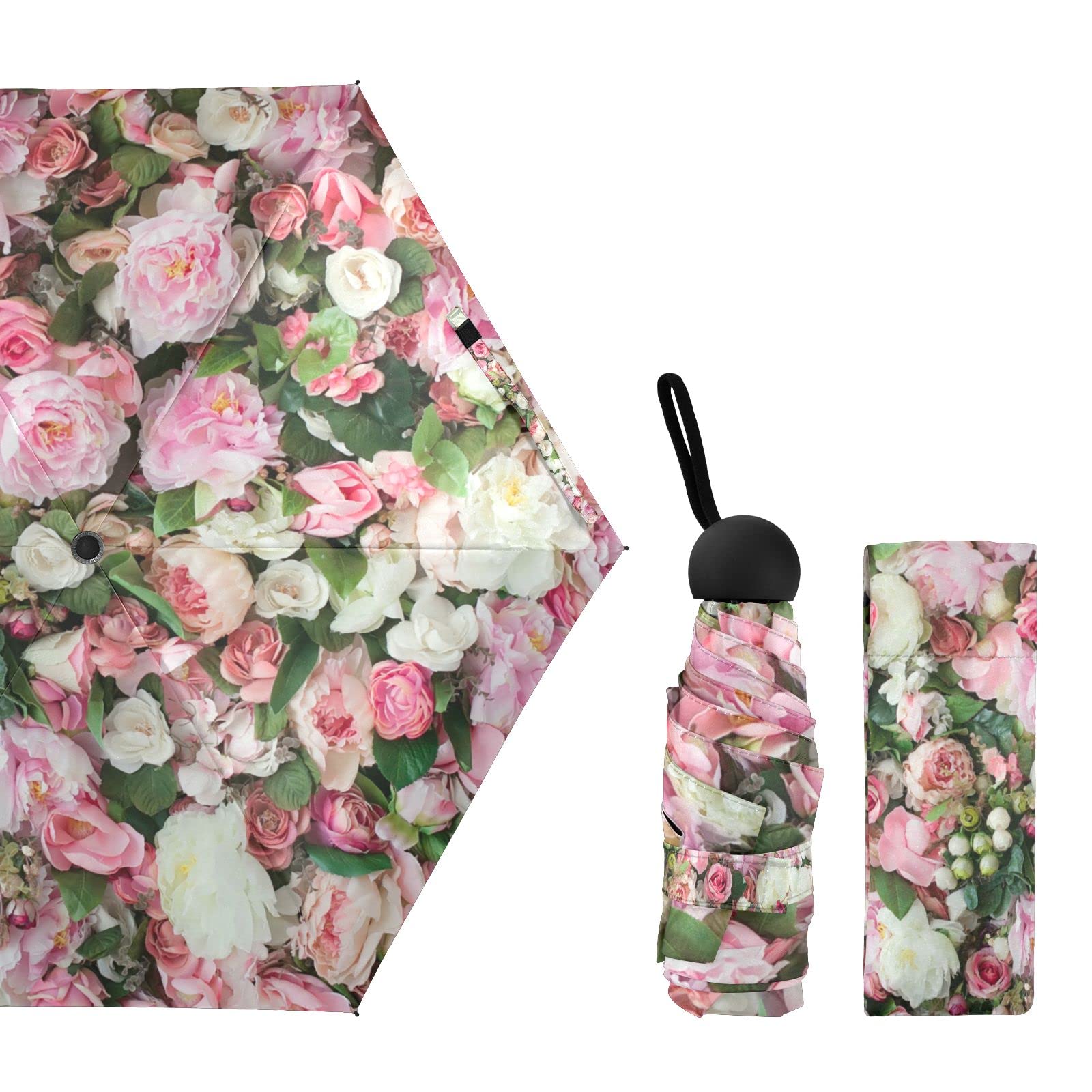 ALAZA Pink Rose White Flowers Floral Folding Umbrella for Rain Sun Travel Mini Lightweight Compact Umbrellas