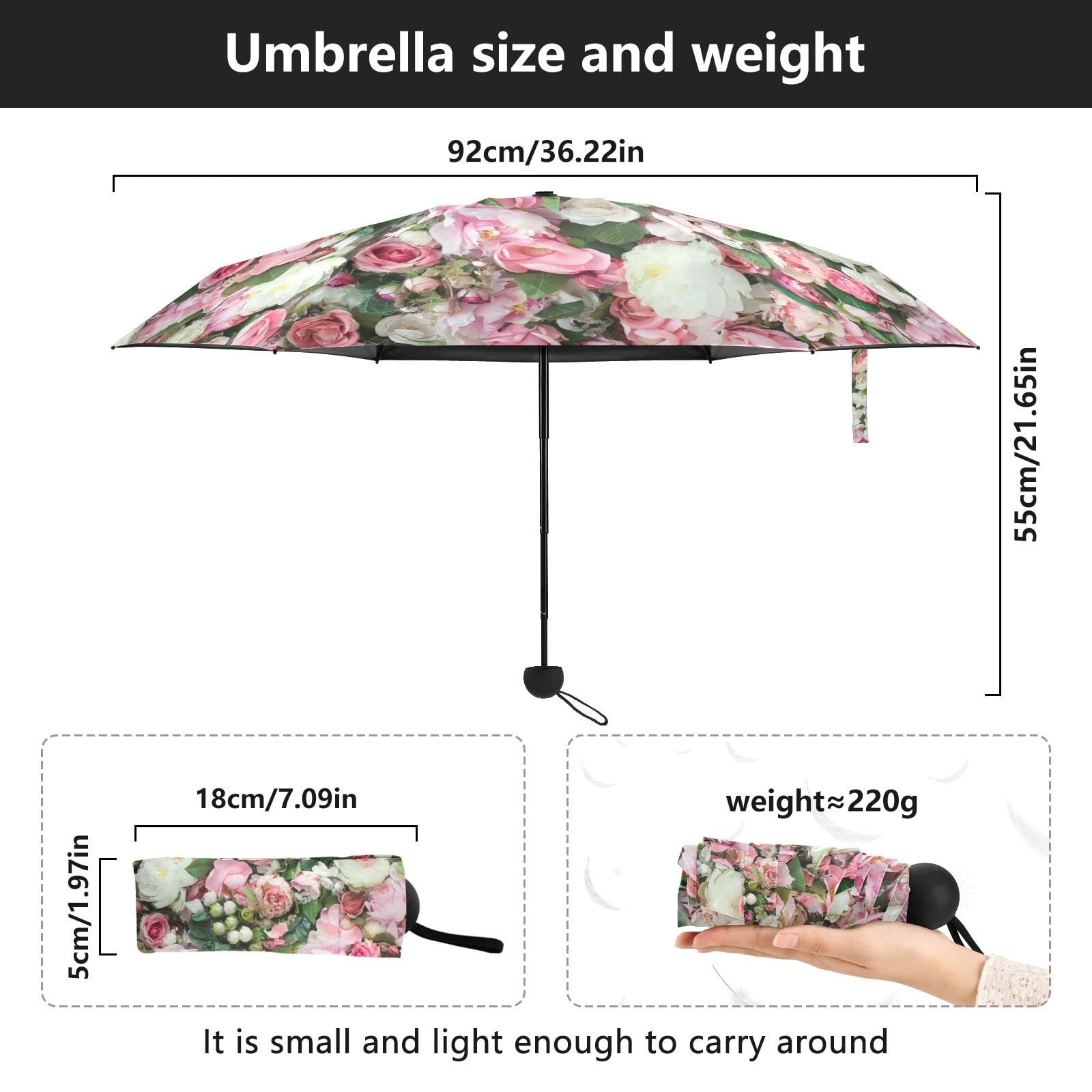 ALAZA Pink Rose White Flowers Floral Folding Umbrella for Rain Sun Travel Mini Lightweight Compact Umbrellas