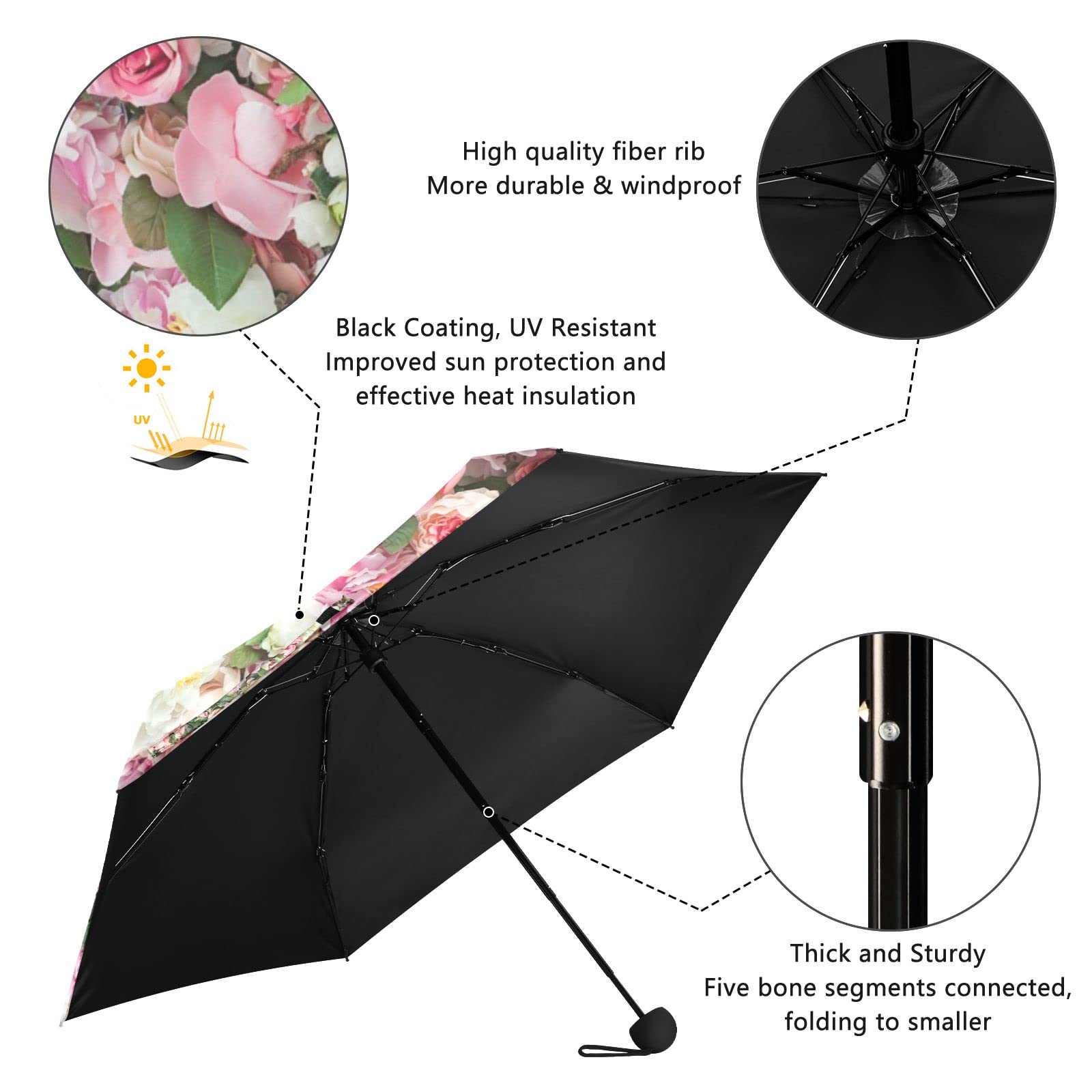 ALAZA Pink Rose White Flowers Floral Folding Umbrella for Rain Sun Travel Mini Lightweight Compact Umbrellas