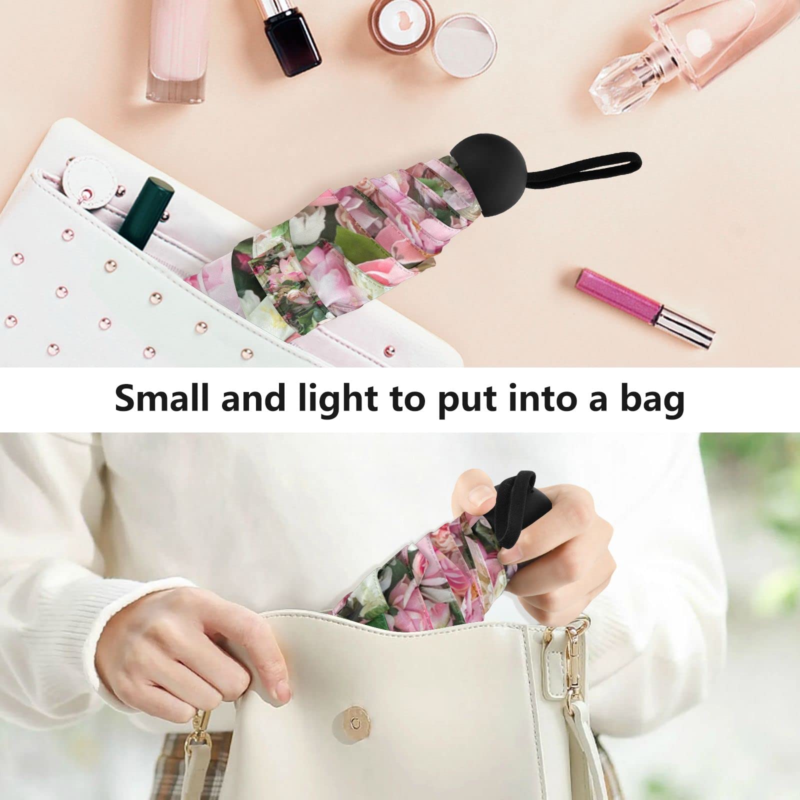ALAZA Pink Rose White Flowers Floral Folding Umbrella for Rain Sun Travel Mini Lightweight Compact Umbrellas