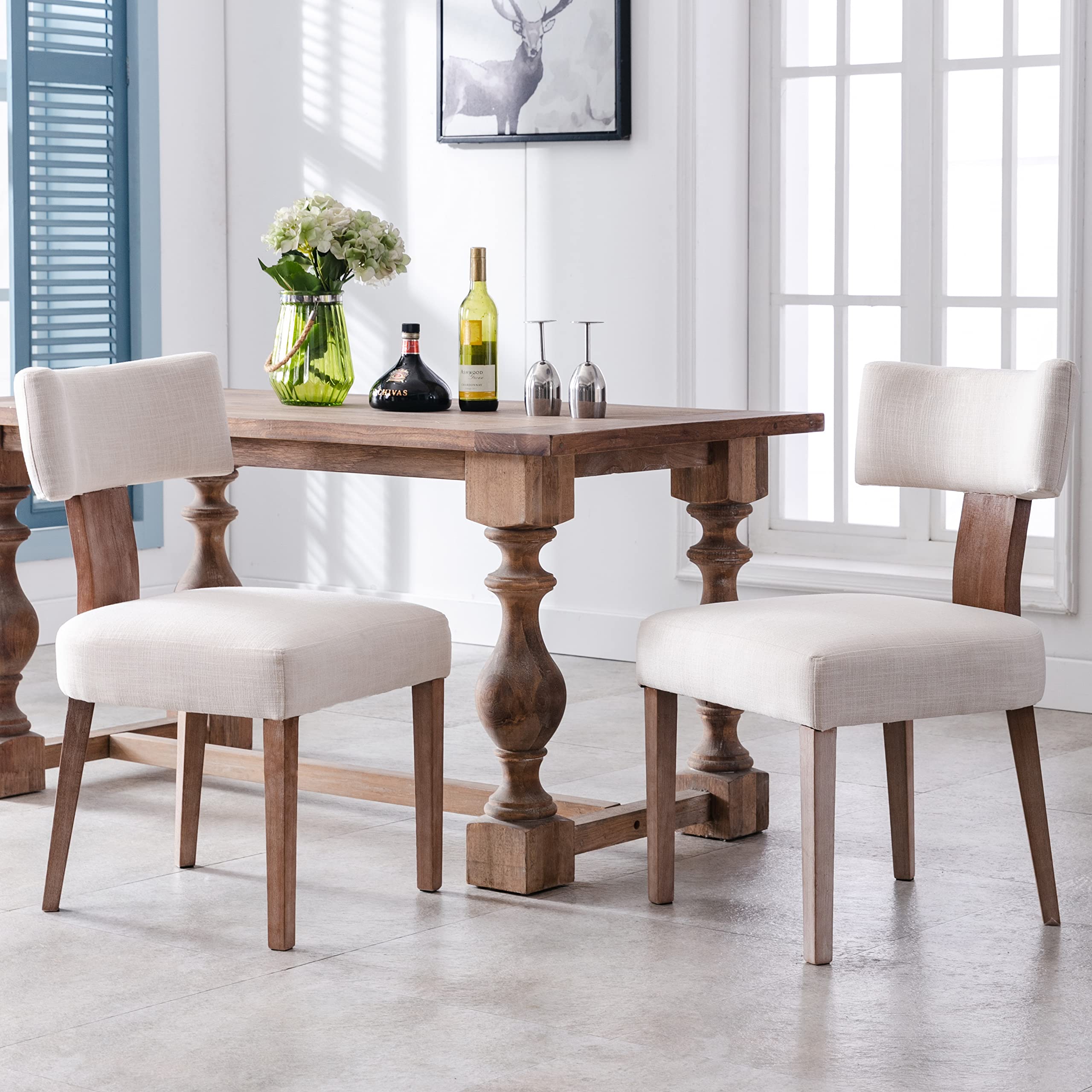 RIVOVA Farmhouse Dining Chairs Set of 4, Linen Upholstered Dining Room Chairs, Accent Parsons Chairs with Solid Wood Legs, Beige